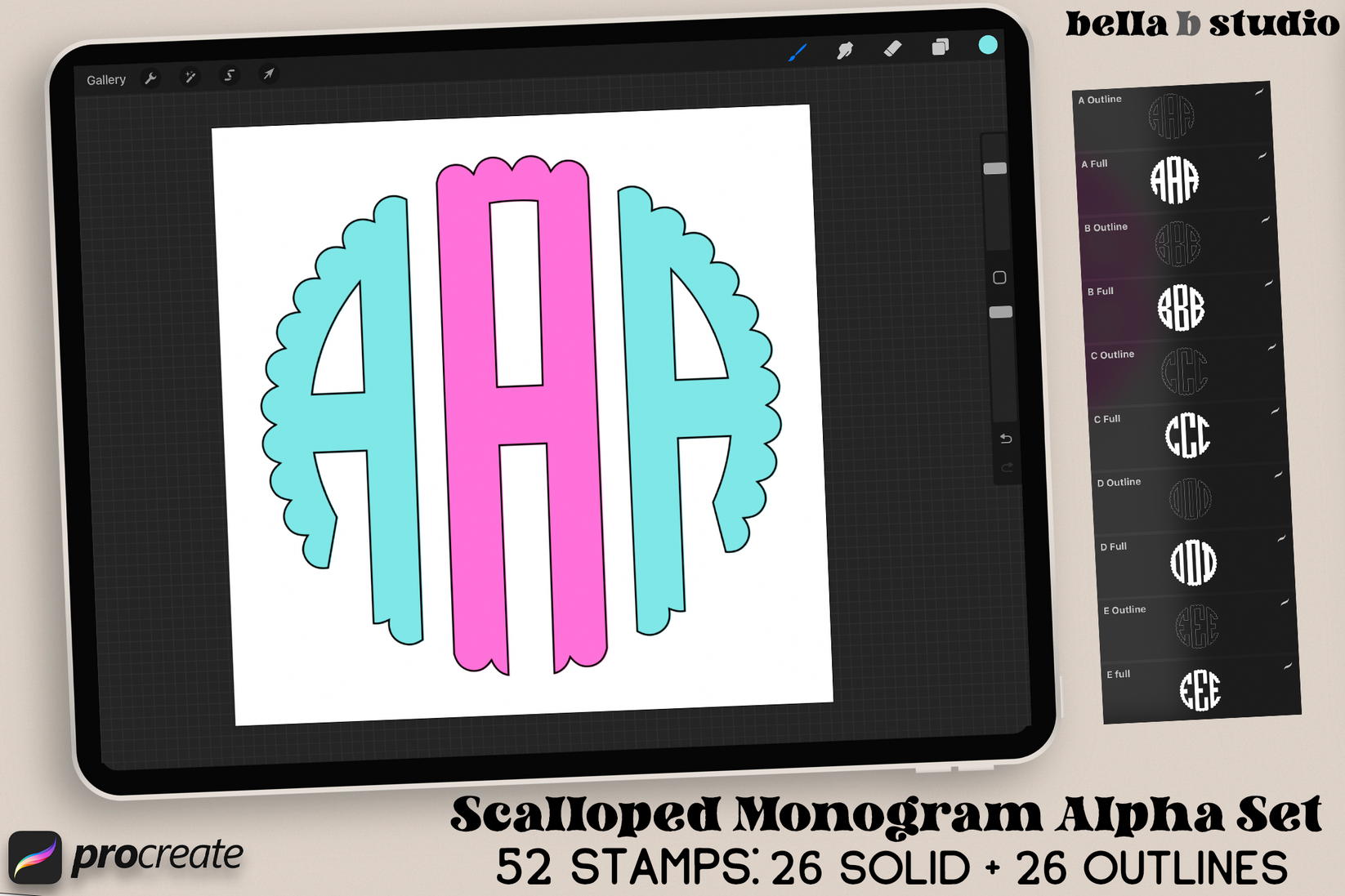 Single Line Scalloped Monogram Alpha PROCREATE STAMPS – Bella B Studio